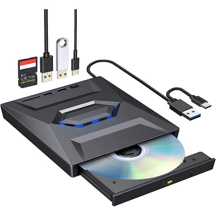 Lecteur - Graveur CD DVD Externe USB 3.0 Ultra Slim + Type-C Port + SD ...