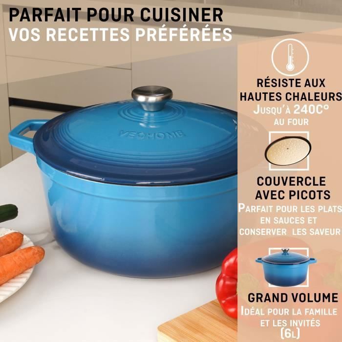 Cocotte Fonte Émaillée ronde VeoHome Bleue 6L Ø28cm, Faitout Ultra ...