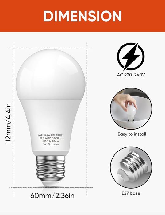 Ampoule LED E27, Blanc Froid 6000K, 13.5W Équivalent à 100W, Ampoule Standar A60 avec Culot à ...