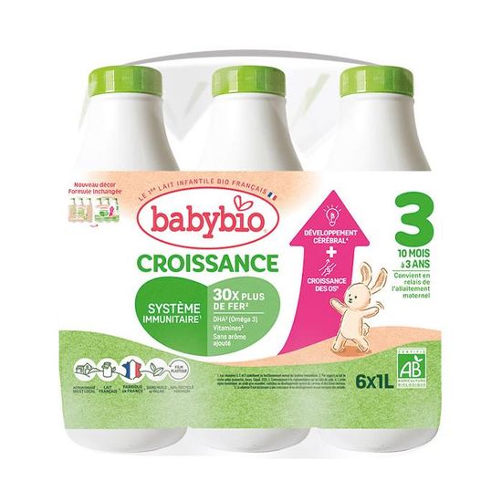 Babybio Lait Croissance Lait de Vache 3ème Âge Bio 6 x 1L - Achat ...