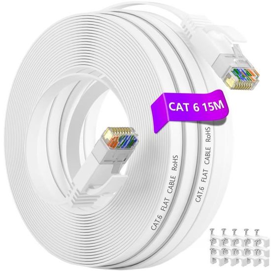 Cable Rj45 15m Cat 6, Cable Ethernet 15 mètres Plat Blanc Haut Debit ...