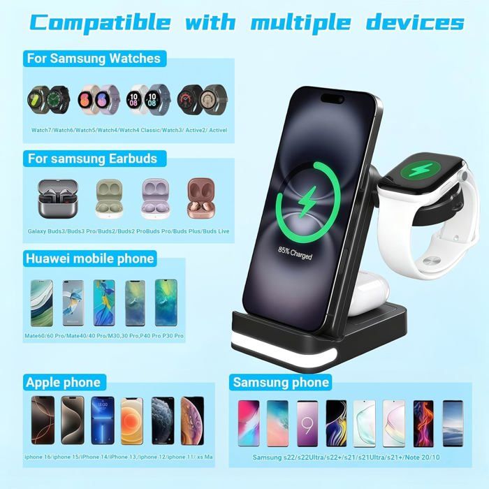 Chargeur Induction 3 En 1, Station De Charge Sans Fil Pliable Et ...