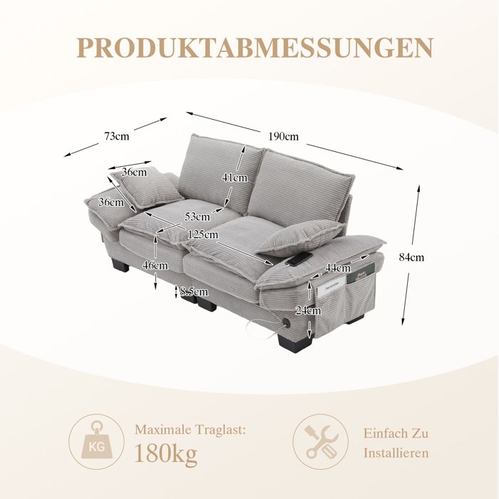 ELVORIN Canape 2 places en corduroy, 190 x 73 x 84 cm, assise large ...