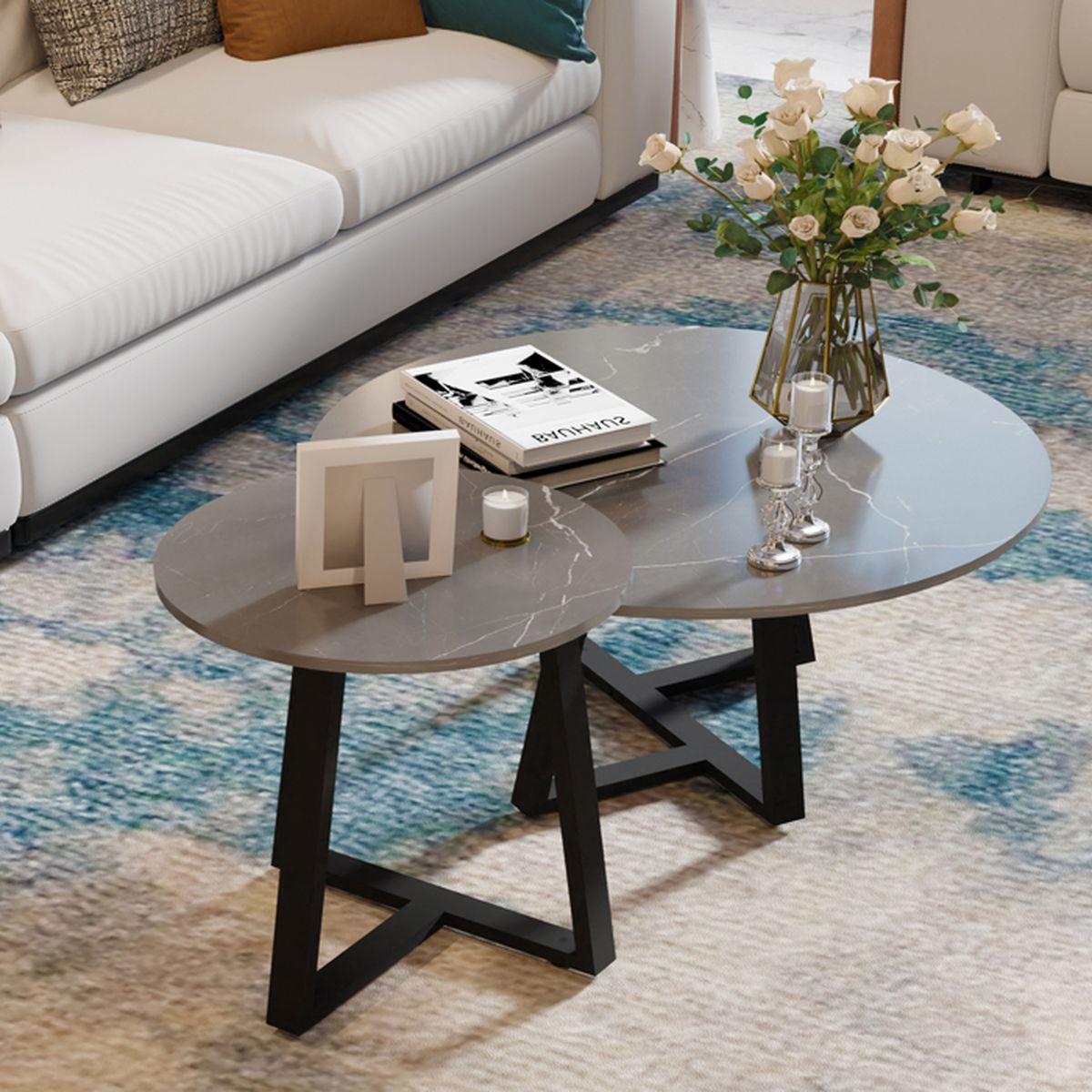 Table Basse Gigogne Ronde en Marbre Lot de 2 Table Salon Scandinave ...