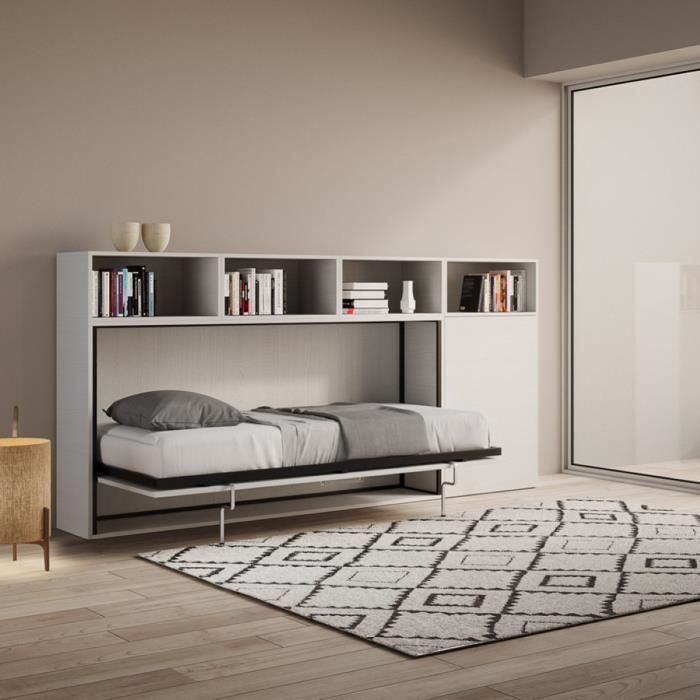 Lit escamotable simple NABOR Frêne Blanc Composition A - Cdiscount Maison