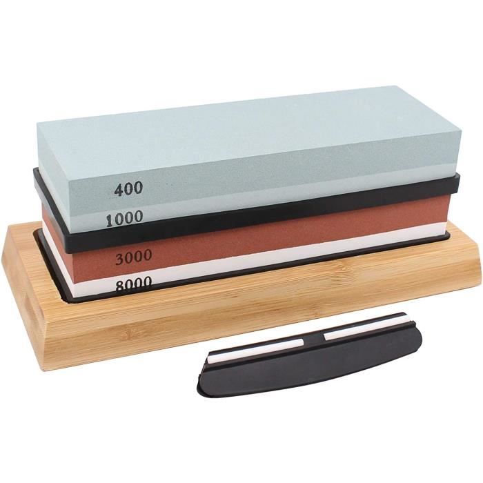 Pierre à aiguiser double face - 400-1000, 3000-8000 - Avec base en bambou et support en ...