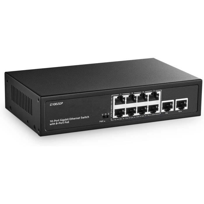 10 Port Gigabit Poe Switch, 8 Port Poe+ And 2 Uplink, 10-100-1000Mbps, Ieee802.3Af-At Max 120W ...