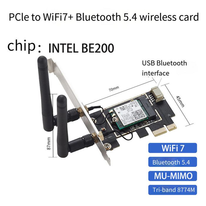 Carte WiFi WiFi 7 BE200 PCI-E Bluetooth 5.4 Tri Bande 2,4 G&5G&6 GHz 8774 Mbps Carte RéSeau Sans ...