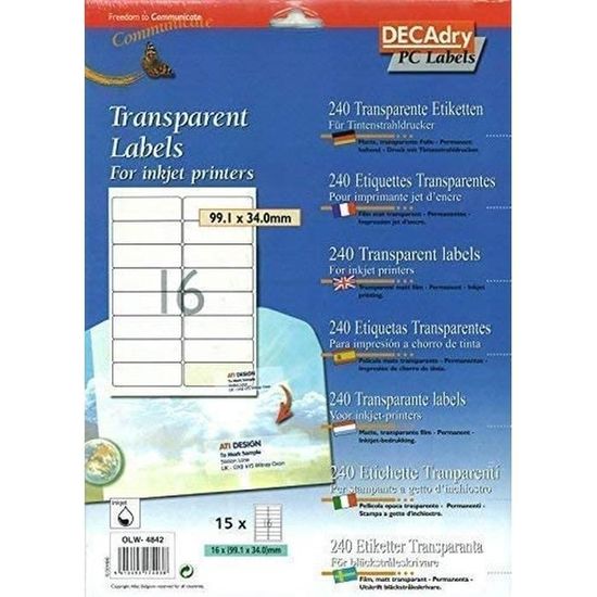 DECAdry Transparent Permanent Étiquettes Vierge Adresse Étiquettes ...