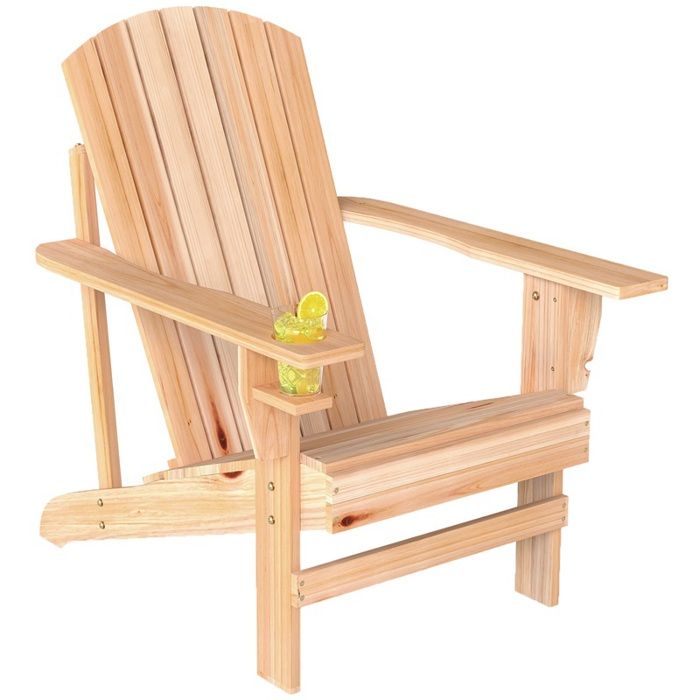 Natural finish solid wood Adirondack garden chair with cup holder ...