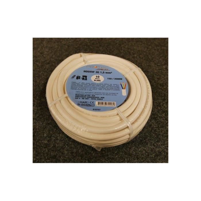 Cable souple H05VVF 3x1.5mm (bobine de 10m) blanc pour alimentation ...