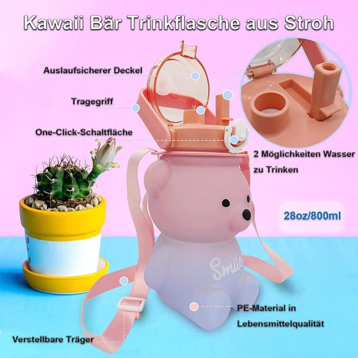 Kawaii - Gourde d'eau - Grande capacité - Avec paille et sangle ...