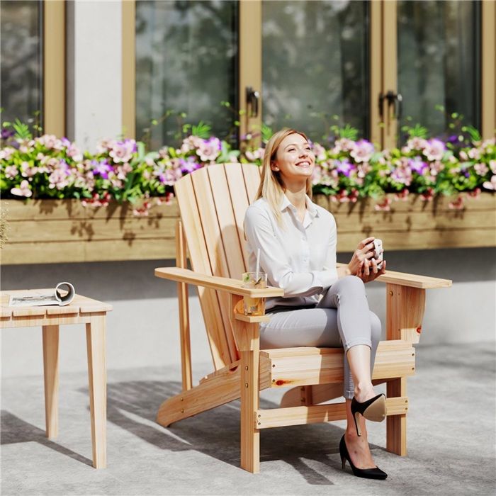 Natural finish solid wood Adirondack garden chair with cup holder ...