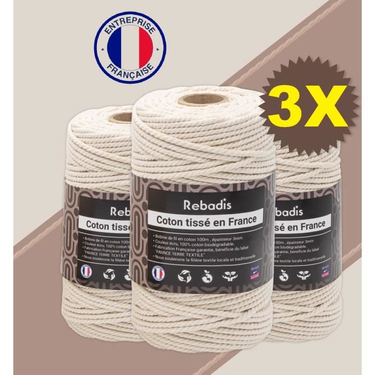 Fil coton macramé (lot de 3 bobines) Livraison OFFERTE. Tissé en France ...
