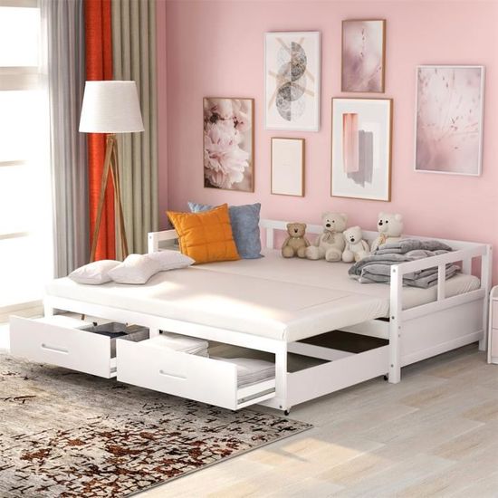 DRIPEX Lit Extensible 90/180×200 cm avec deux tiroirs et sommiers à ...