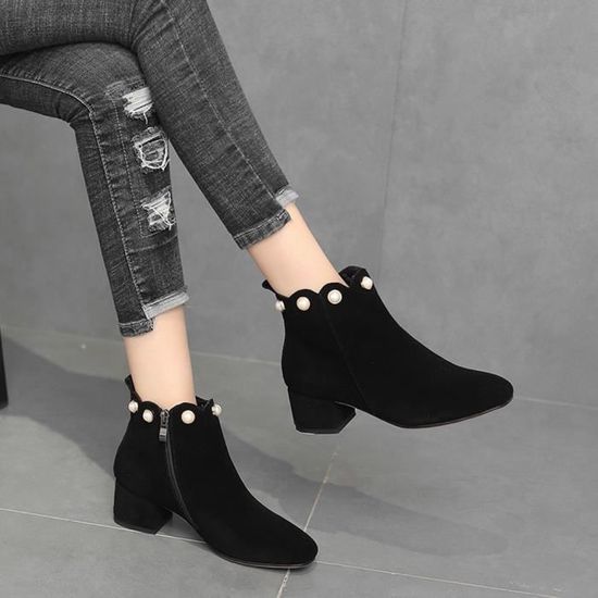 Femmes talon haut perle troupeau solide bottines bout rond zipper ...