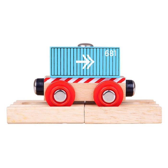 Wagon avec container bleu pour circuit de train en bois - Jouets par ...