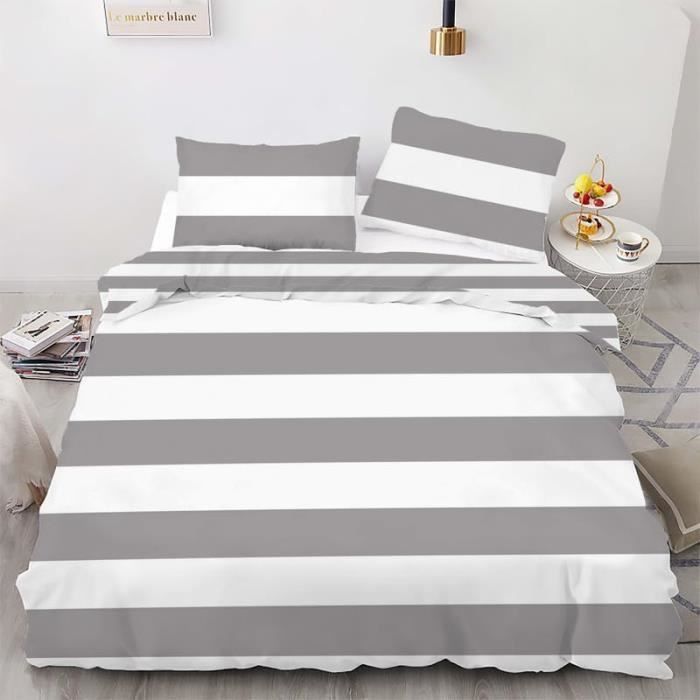 Housse De Couette 140X200 Gris Rayures Blanc Parure De Lit 1 Personne ...