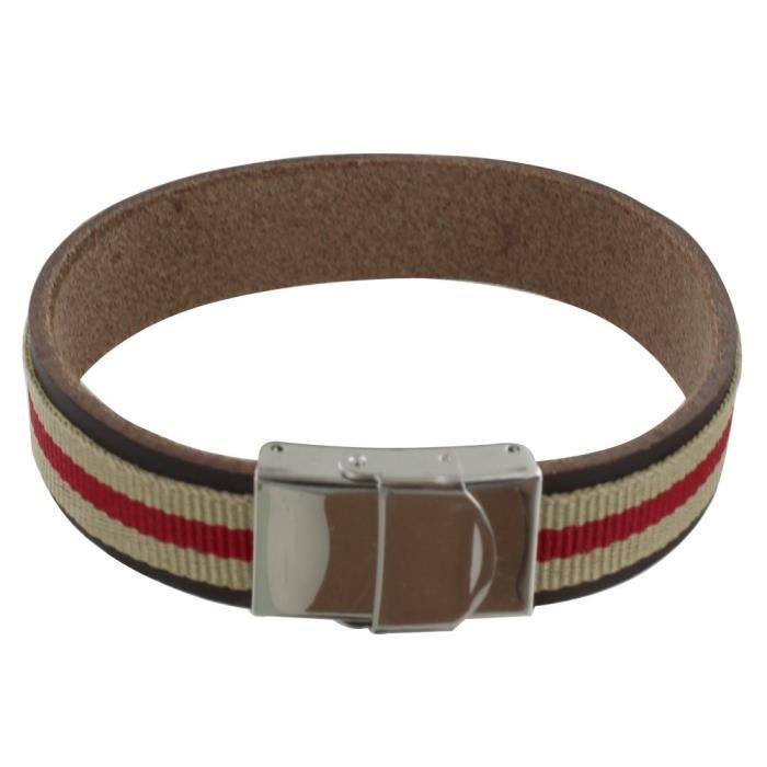 Bracelet Homme Cuir Marron Foncé Galon Rouge et Beige - Achat / Vente ...