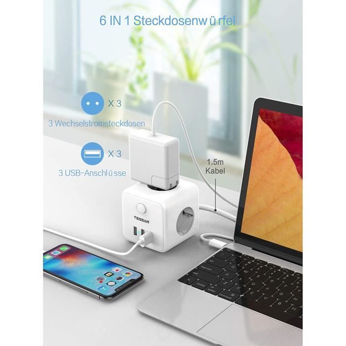 Cube Multiprise USB avec 3 Prises und 3 Ports USB Chargeur, Bloc ...
