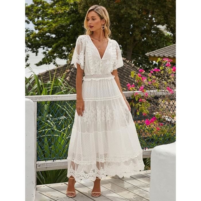 Robe longue femmes été évider robe dames dentelle robe croix Semi ...