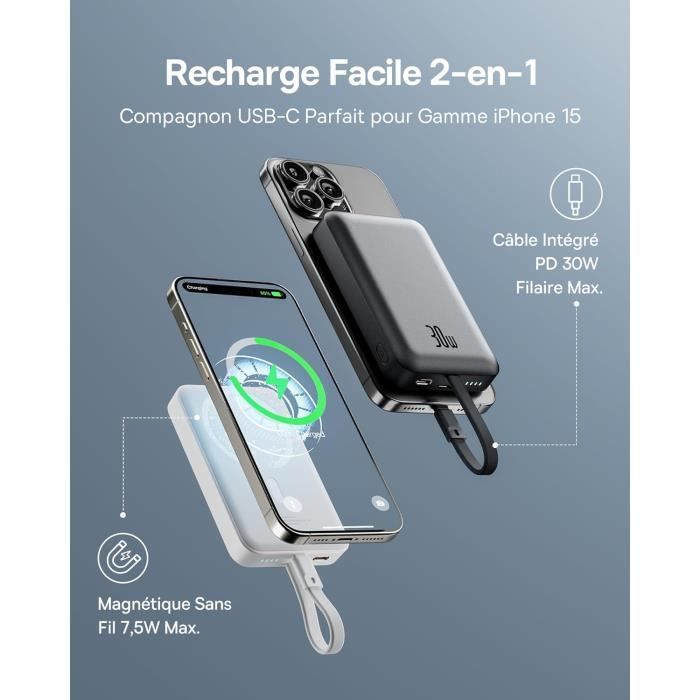 Batterie Externe Magsafe Pd 30W, 10000Mah Magnétique Power Bank Avec Câble Usb-C Intégré (Charge ...