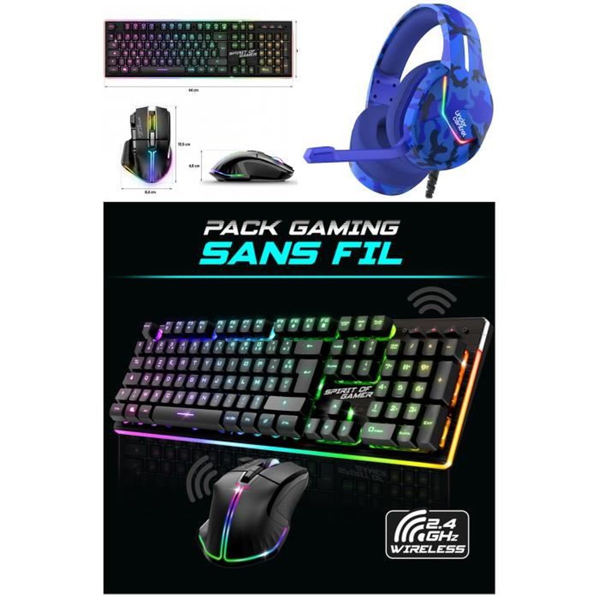 Pack GAMER Noir Sans fil Wireless Spirit of Gamer RGB PRO + SOURIS sans ...