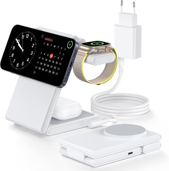 Station de charge sans fil 3 en 1 pour iPhone 15, 14, 13, 12, 11, blanc ...