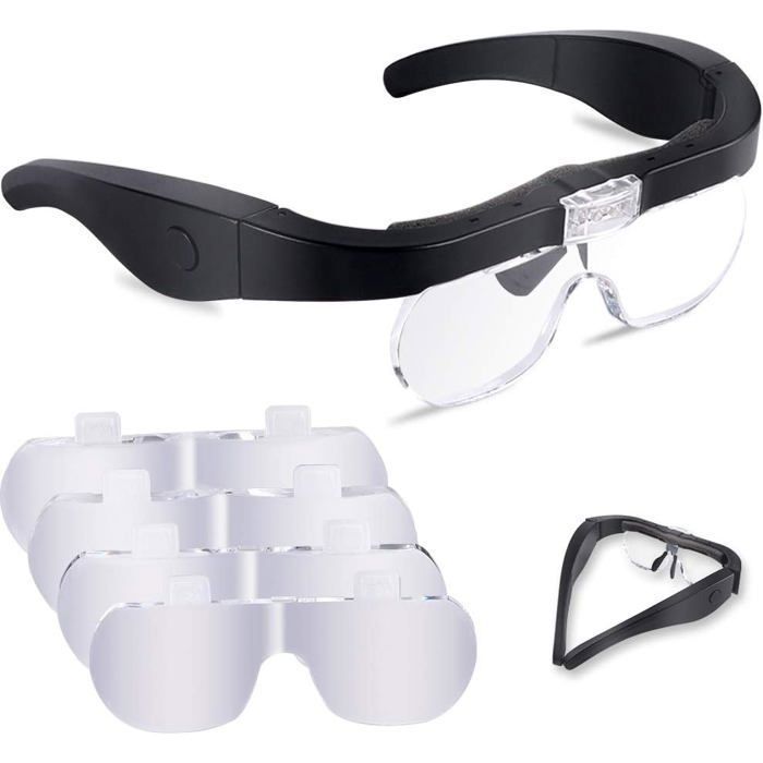 Loupes à 2 LED, loupe frontale mains libres avec 4 lentilles amovibles pour la lecture, la ...