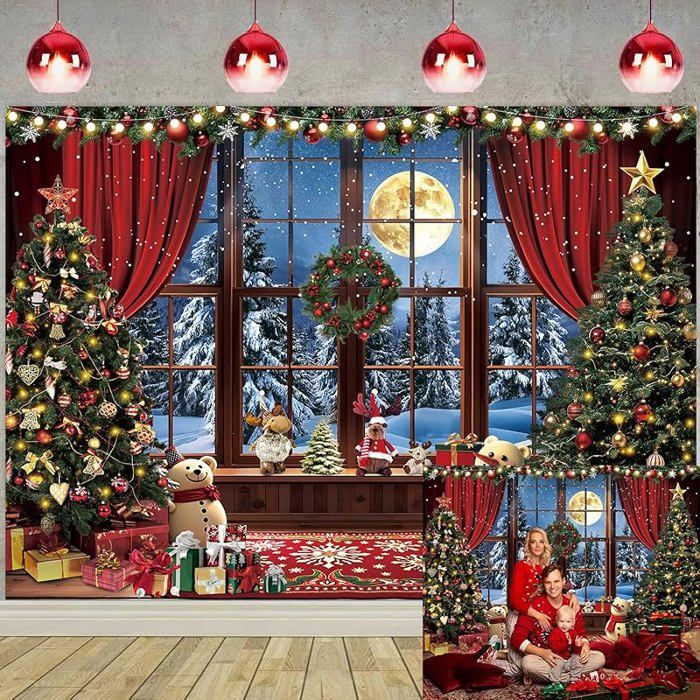 Toile de fond pour fenêtre de Noël, fond d&hiver pleine lune nuit sapin ...