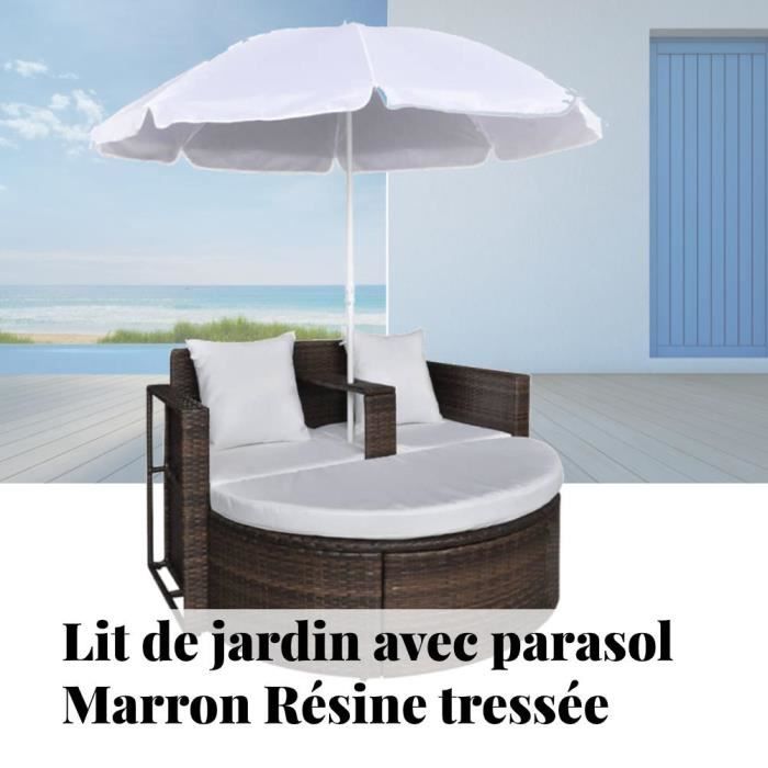 Lit de jardin avec parasol Marron Résine tressée 130 x 58 x 77 cm Brun ...