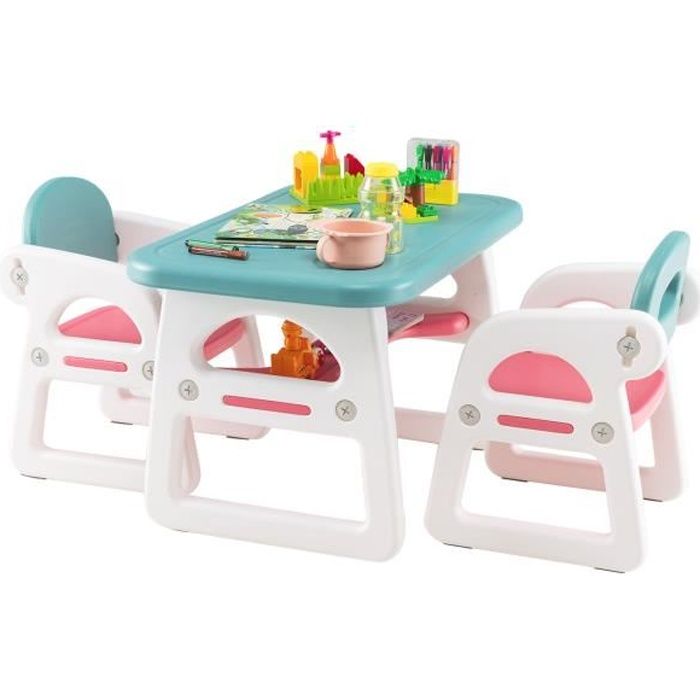 COSTWAY Ensemble Table et 2 Chaises pour Enfants 3 Pièces avec Etagère de Rangement Concave Agés ...