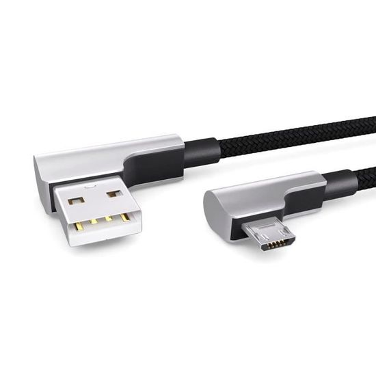 Câble Micro USB de 0,3m en nylon noir, connecteur coudé à 90 degrés ...