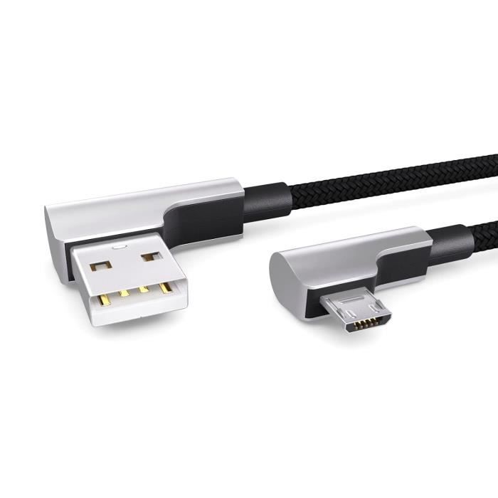 Câble Micro USB de 0,3m en nylon noir, connecteur coudé à 90 degrés ...