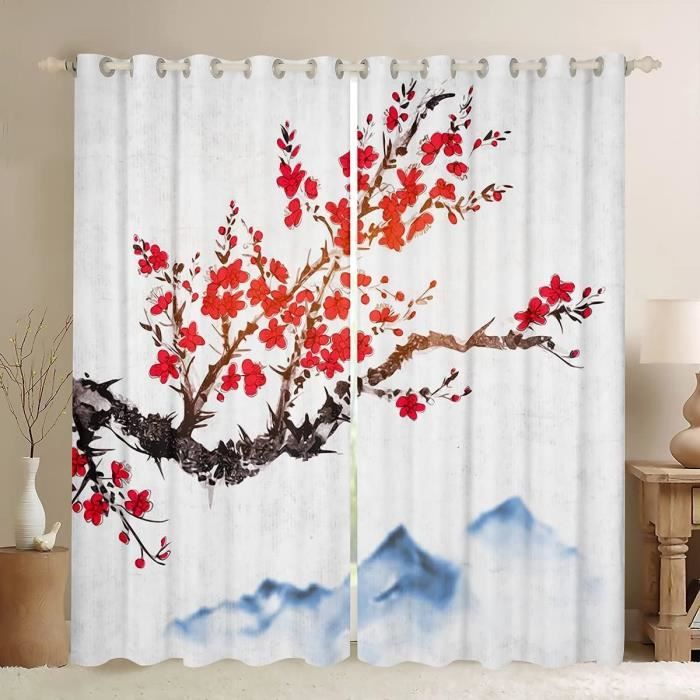 Rideau De Fenêtre Rouge À Floral Aquarelle,Paysage Naturel,Montagne ...