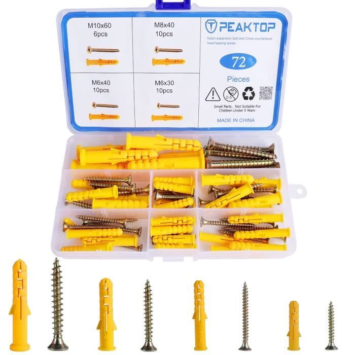 Lot De 72 Vis Et Chevilles, M6 M8 M10 Vis Cloison Sèche Autoperceuses ...