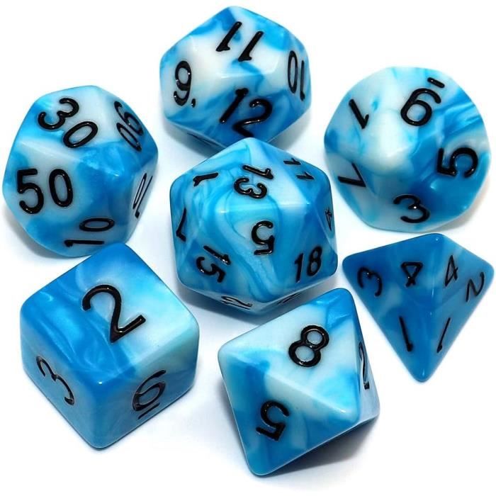 DND Lot de 7 dés polyédriques bleus et blancs pour jeux de rôle et jeux ...