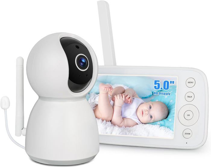 White 5.0” Babyphone Caméra, PTZ 360°Camera Bebe, Camera Bebe 1080P ...