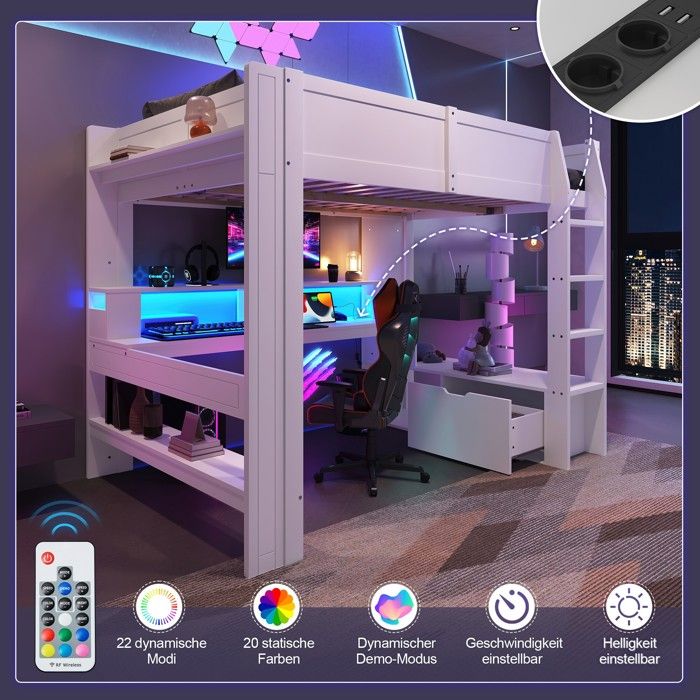 Lit mezzanine140*200cm avec éclairage LED,bureau et sommier,lit ado ...