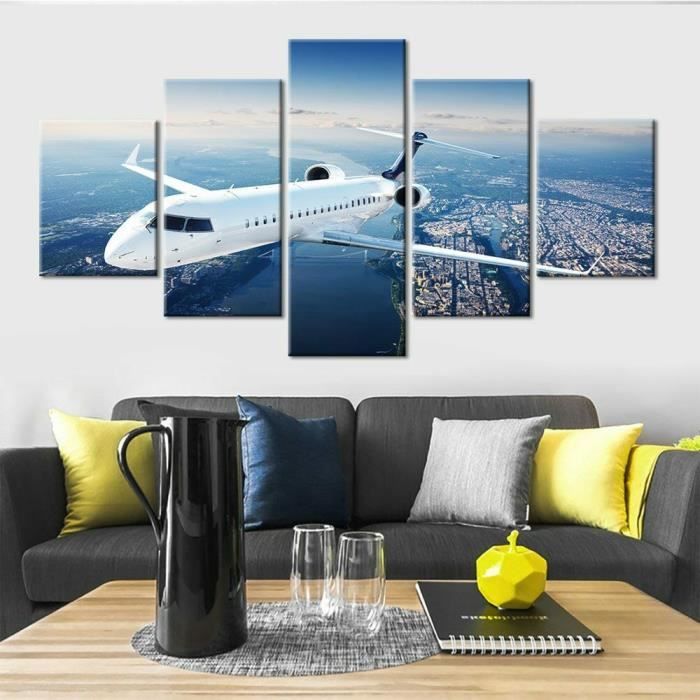 Fot-5385 Toile de décoration murale 5 panneaux avion de voyage ciel ...