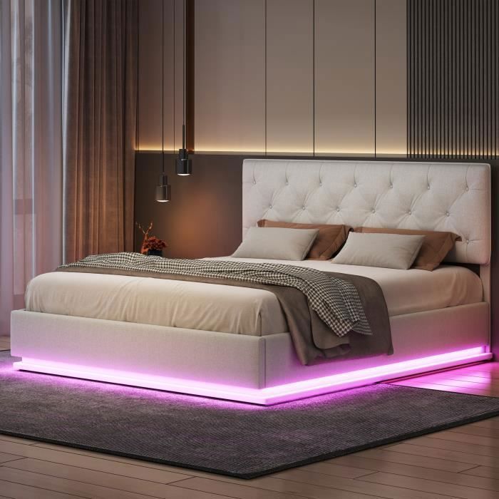 Lit hydraulique double blanc cassé avec LED et espace de rangement, 140*200 (cm) - Cdiscount Maison