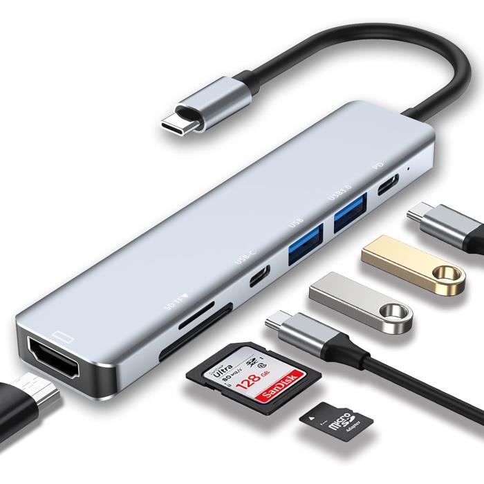 Hub Usb C 7 En 1, Adaptateur Usb C Avec Hdmi 4K, Deux Ports Usb-C, Usb 3.0, Lecteur De Carte Sd ...