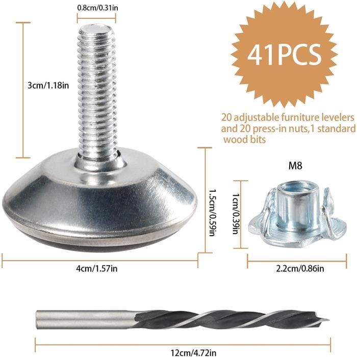 Pieds Vérin de Meuble 20Pcs Pieds de Meuble Ajustables M8 x 40mm pieds ... Pieds Vérin de Meuble 20Pcs Pieds de Meuble Ajustables M8 x 40mm pieds ...