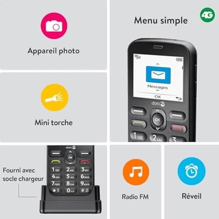 Doro 1880 4G Téléphone Portable Débloqué Seniors - Touches Numériques ...