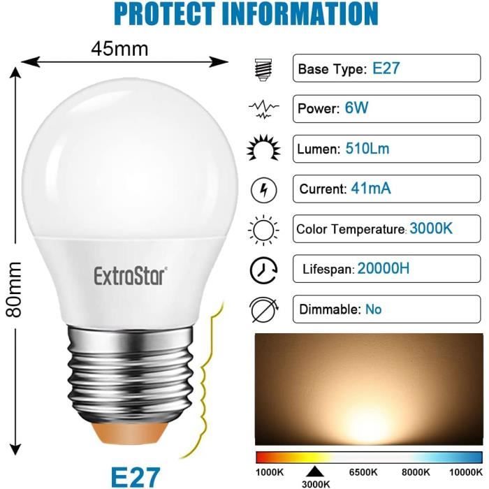 Lot De 6 Ampoules Led E27 À Vis 6 W, Blanc Chaud 3000 K, Économie D Énergie, Équipement 48 W ...