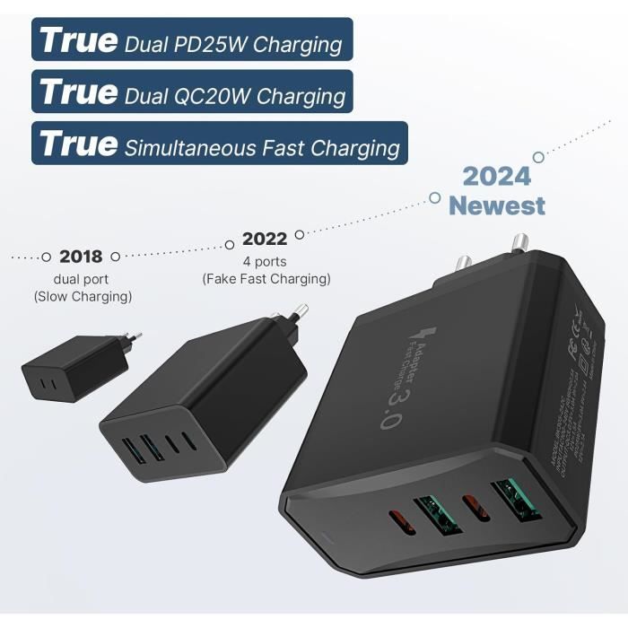 Chargeur Usb C Rapide, 50W 6-Port Prise Usbc Multi Secteur Replacement ...