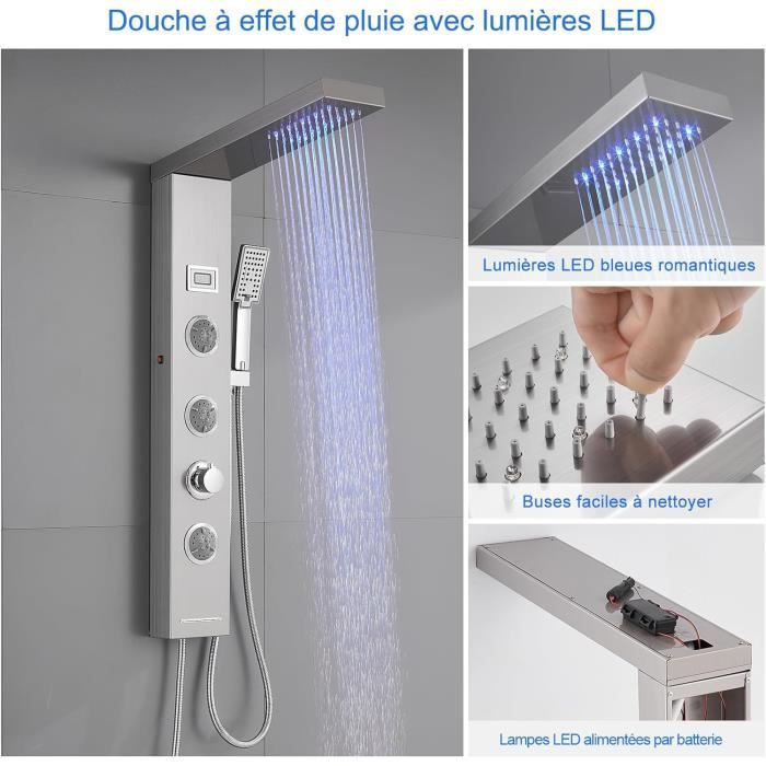 Led Colonne Panneau De Douche Hydromassante Sans Mitigeur, 5 Fonctions ...