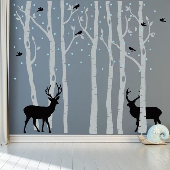 Sticker Mural Géant Arbre Bouleau Autocollants Deer Oiseaux Stickers ...