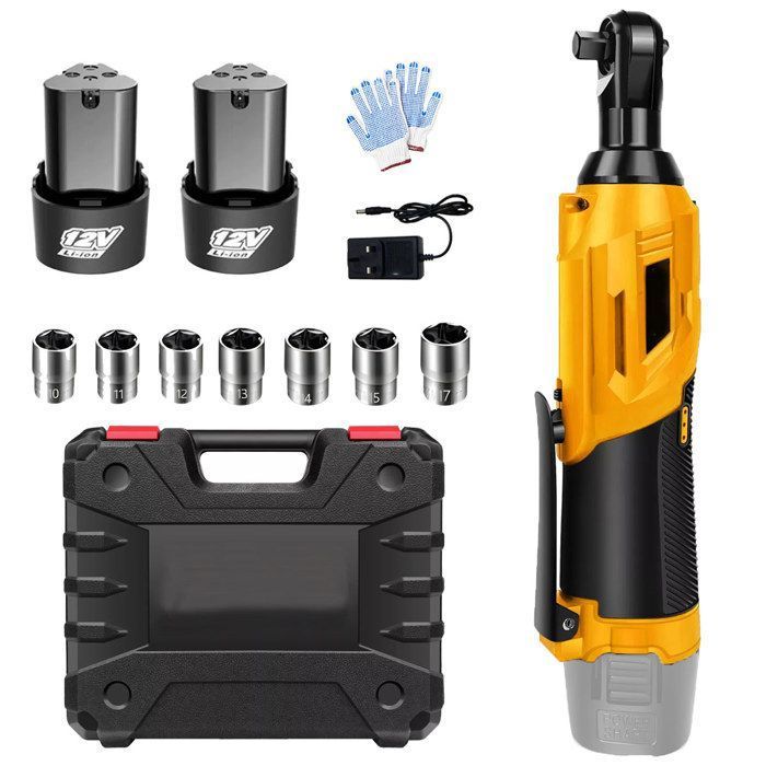 Clé à Cliquet sans fil, 3/8'' 90 degrés 420 Nm, 2 batteries 3.0Ah + chargeur, 7 douilles ...