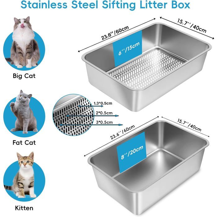 Bac litière XXL en acier inoxydable - SUTEO - 60x40x20 cm - Gris argent ...